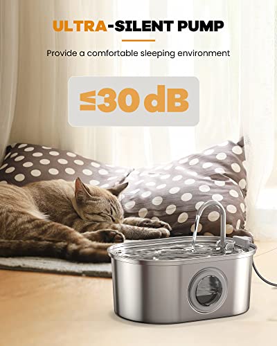 SOOFPET Cat Water Fountain with Water Level Window, 108oz/3.2L Water Fountain for Cats Inside, Stainless Steel Pet Water Fountain Dog Water Dispenser, Faucet Shape, Quiet Pump, for Dogs and Cats