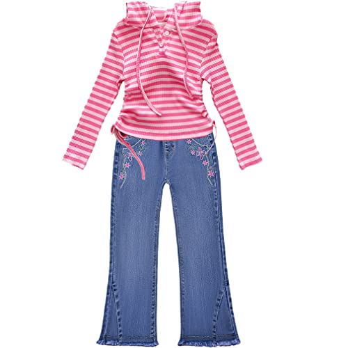 Peacolate 5-10Years Little Big Girls 2pcs Clothing Set Pink Stripe T Shirt and Blue Butterfly Embroidered Bootcut Jeans(Pink,6-7Years)