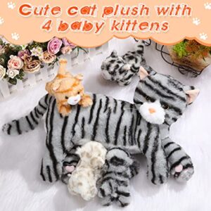 Nurturing Cat Stuffed Animal with Plush Kittens, Cat Baby Stuffed Animals for Girls and Boys Plushy Kitty Mommy Cat with 4 Baby Cats for Birthday Party Favors Gifts (Cuddly Style)