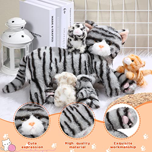 Nurturing Cat Stuffed Animal with Plush Kittens, Cat Baby Stuffed Animals for Girls and Boys Plushy Kitty Mommy Cat with 4 Baby Cats for Birthday Party Favors Gifts (Cuddly Style)