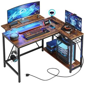 bestier small l shaped desk with charging port & led strip,modern computer desk with reversible storage shelves,corner desk with hooks for bedroom office studio workstation,rustic brown