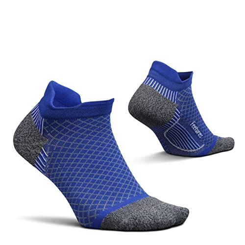 Feetures Plantar Fasciitis Relief Sock Light Cushion No Show Tab - Targeted Compression Sock for Women & Men - Medium, Buckle Up Blue