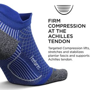 Feetures Plantar Fasciitis Relief Sock Light Cushion No Show Tab - Targeted Compression Sock for Women & Men - Medium, Buckle Up Blue