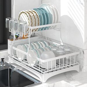 zhenguiru dish drying rack, 2-tier white dish racks for kitchen counter, detachable large capacity dish drainer organizer with utensil holder, dish drying rack with drain board