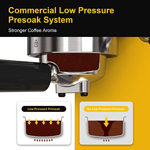 CAVDLE Espresso Machine 20 Bar, Professional Espresso Maker with Milk Frother Steam Wand, Compact Espresso Coffee Machine with 35oz Removable Water Tank for Cappuccino, Latte, Stainless Steel, Yellow