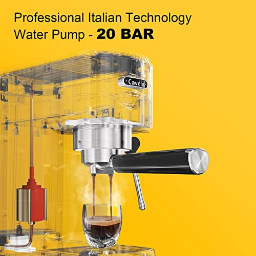 CAVDLE Espresso Machine 20 Bar, Professional Espresso Maker with Milk Frother Steam Wand, Compact Espresso Coffee Machine with 35oz Removable Water Tank for Cappuccino, Latte, Stainless Steel, Yellow