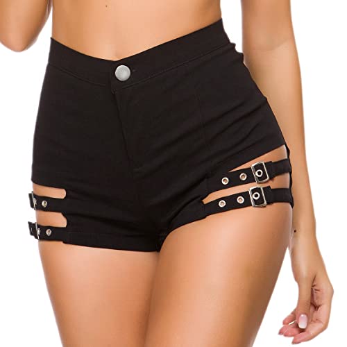 Women Faux Leather Short Sexy Hollow Out High Waist Gothic Shorts Punk Dance Metal Buckle Short Bodycon Irregular Hot Short Pants Black Slim Bandage Shorts Workout Shorts Clubwear Rave Shorts XL