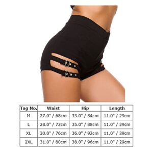 Women Faux Leather Short Sexy Hollow Out High Waist Gothic Shorts Punk Dance Metal Buckle Short Bodycon Irregular Hot Short Pants Black Slim Bandage Shorts Workout Shorts Clubwear Rave Shorts XL