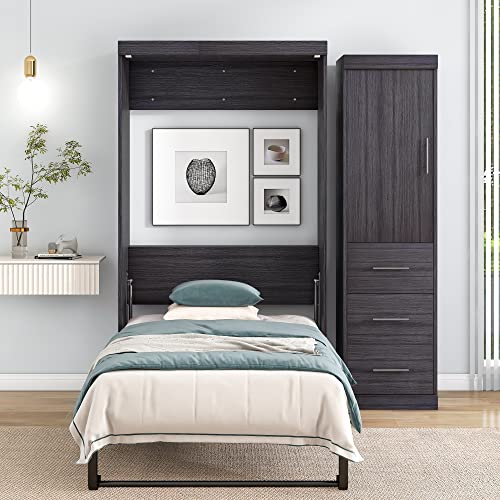 CITYLIGHT Twin Size Murphy Bed with 3 Storage Drawers and Wardrobe, Modern Wall Bed Can Be Folded into a Cabinet, Twin Murphy Bed Frame for Bedroom, Living Room or Home Office (Twin, Gray)