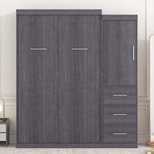 CITYLIGHT Twin Size Murphy Bed with 3 Storage Drawers and Wardrobe, Modern Wall Bed Can Be Folded into a Cabinet, Twin Murphy Bed Frame for Bedroom, Living Room or Home Office (Twin, Gray)