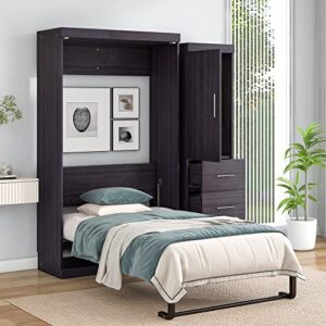 CITYLIGHT Twin Size Murphy Bed with 3 Storage Drawers and Wardrobe, Modern Wall Bed Can Be Folded into a Cabinet, Twin Murphy Bed Frame for Bedroom, Living Room or Home Office (Twin, Gray)