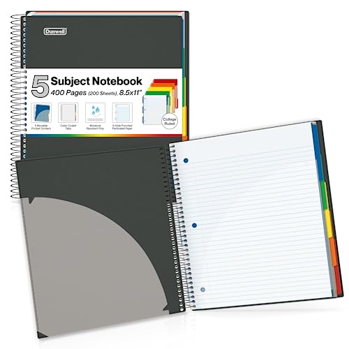 Dunwell 5-Subject Notebook College Ruled - 400 Pages (200 Sheets), Spiral Notebook 8.5 x 11 with Tabs, Dividers, Pockets, Dual Poly Covers, School Supplies Multi Subject Notebook