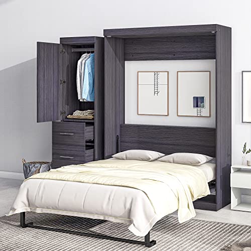 Quarte Multifunctional Full Size Murphy Bed with Wardrobe and 3 Drawers,Solid Wood Storage Bed can be Folded into a Cabinet,for Small Spaces Apartments Studio Guest Room Use