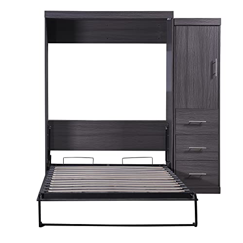 Quarte Multifunctional Full Size Murphy Bed with Wardrobe and 3 Drawers,Solid Wood Storage Bed can be Folded into a Cabinet,for Small Spaces Apartments Studio Guest Room Use