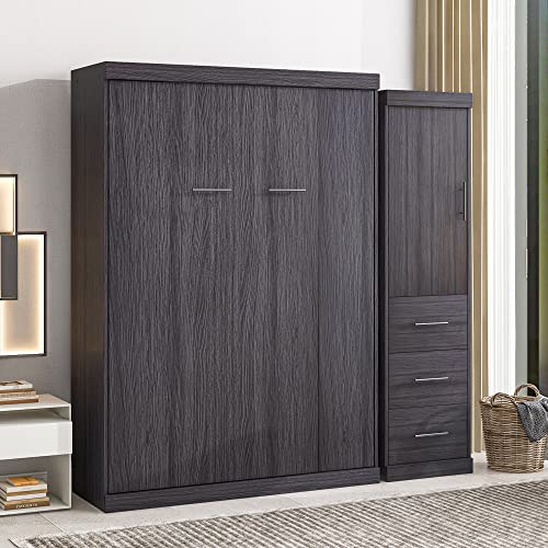 Quarte Multifunctional Full Size Murphy Bed with Wardrobe and 3 Drawers,Solid Wood Storage Bed can be Folded into a Cabinet,for Small Spaces Apartments Studio Guest Room Use