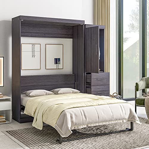 Quarte Multifunctional Full Size Murphy Bed with Wardrobe and 3 Drawers,Solid Wood Storage Bed can be Folded into a Cabinet,for Small Spaces Apartments Studio Guest Room Use