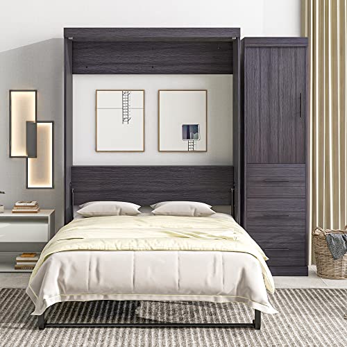 Quarte Multifunctional Full Size Murphy Bed with Wardrobe and 3 Drawers,Solid Wood Storage Bed can be Folded into a Cabinet,for Small Spaces Apartments Studio Guest Room Use