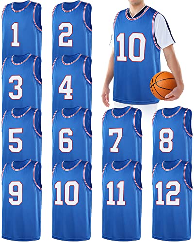 Funtery 12 Pcs Men Basketball Jerseys Mesh Basketball Uniform 2XL Reversible Number Printing Basketball Team Jersey for Men Blue