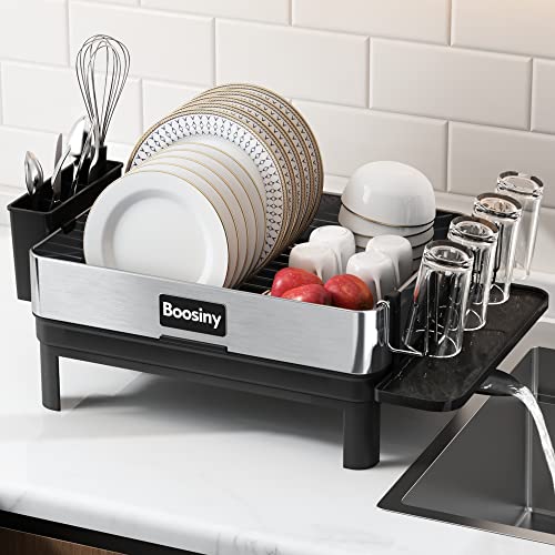 BOOSINY Dish Racks for Kitchen Counter, 304 Stainless Steel Large Dish Rack and Drainboard Set, Full Size Dish Drainer with Swivel Spout Drainage, Utensil Holder and Cup Holder for Big Family