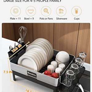 BOOSINY Dish Racks for Kitchen Counter, 304 Stainless Steel Large Dish Rack and Drainboard Set, Full Size Dish Drainer with Swivel Spout Drainage, Utensil Holder and Cup Holder for Big Family