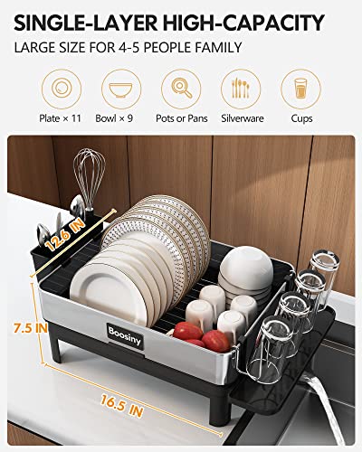 BOOSINY Dish Racks for Kitchen Counter, 304 Stainless Steel Large Dish Rack and Drainboard Set, Full Size Dish Drainer with Swivel Spout Drainage, Utensil Holder and Cup Holder for Big Family