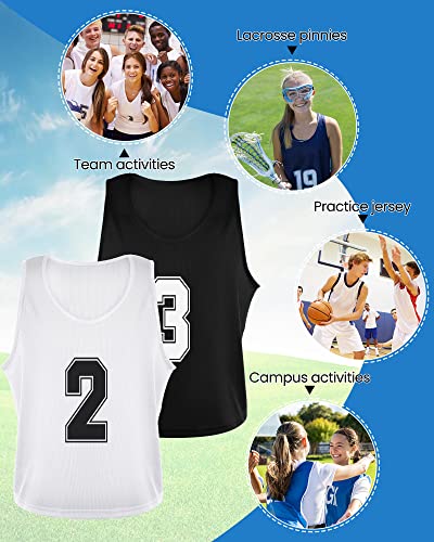 Silkfly 24-Pack Youth Numbered Soccer Practice Jerseys - Scrimmage Vests for Teens in Black & White