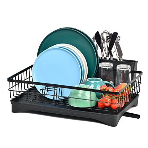 HappyHapi Dish Drying Rack, Dish Rack with Drainboard Utensil Holder, Dish Racks Drainers for Kitchen Counter, Durable Drying Rack for Dishes, Knives, Spoons, and Forks, Kitchen Organization(Black)