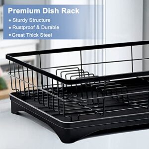 HappyHapi Dish Drying Rack, Dish Rack with Drainboard Utensil Holder, Dish Racks Drainers for Kitchen Counter, Durable Drying Rack for Dishes, Knives, Spoons, and Forks, Kitchen Organization(Black)