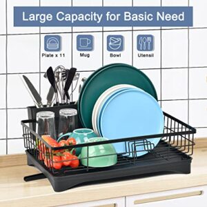 HappyHapi Dish Drying Rack, Dish Rack with Drainboard Utensil Holder, Dish Racks Drainers for Kitchen Counter, Durable Drying Rack for Dishes, Knives, Spoons, and Forks, Kitchen Organization(Black)