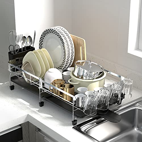 SuperOrganize Dish Drying Rack, Expandable (9.45"-12.6") Dish Rack with Drainboard, Dish Drainers for Kitchen Counter, Stainless Steel Kitchen Drying Rack with 360°Swivel Spout and Utensil Holder