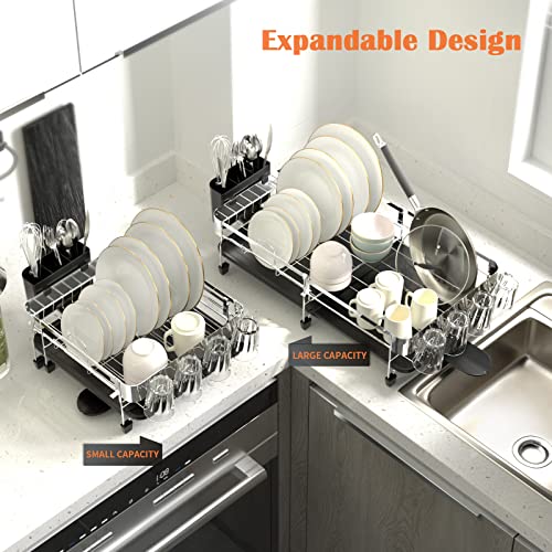 SuperOrganize Dish Drying Rack, Expandable (9.45"-12.6") Dish Rack with Drainboard, Dish Drainers for Kitchen Counter, Stainless Steel Kitchen Drying Rack with 360°Swivel Spout and Utensil Holder