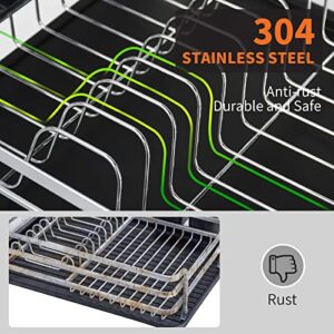 SuperOrganize Dish Drying Rack, Expandable (9.45"-12.6") Dish Rack with Drainboard, Dish Drainers for Kitchen Counter, Stainless Steel Kitchen Drying Rack with 360°Swivel Spout and Utensil Holder