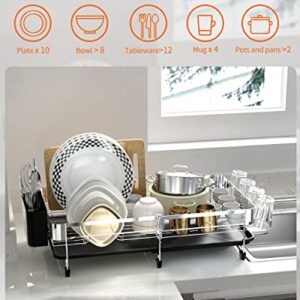 SuperOrganize Dish Drying Rack, Expandable (9.45"-12.6") Dish Rack with Drainboard, Dish Drainers for Kitchen Counter, Stainless Steel Kitchen Drying Rack with 360°Swivel Spout and Utensil Holder