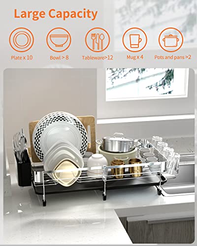 SuperOrganize Dish Drying Rack, Expandable (9.45"-12.6") Dish Rack with Drainboard, Dish Drainers for Kitchen Counter, Stainless Steel Kitchen Drying Rack with 360°Swivel Spout and Utensil Holder