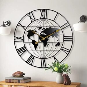 large world map wall clock, metal minimalist modern clock, round silent non-ticking battery operated wall clocks for living room/home/kitchen/bedroom/office/school decor (24 inch)