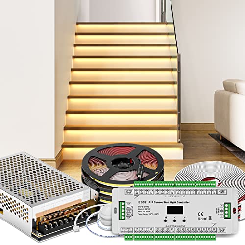 BTF-LIGHTING PIR Sensor Stair Light ES32 Controller Kit 3X16FT Custom FCOB LED Strip Length Fits All Widths of Stairs DC24V 3000K CRI 90+ 8mm Width Dimmable Uniform Light Multiple On and Off Modes