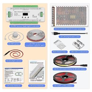 BTF-LIGHTING PIR Sensor Stair Light ES32 Controller Kit 3X16FT Custom FCOB LED Strip Length Fits All Widths of Stairs DC24V 3000K CRI 90+ 8mm Width Dimmable Uniform Light Multiple On and Off Modes