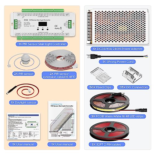 BTF-LIGHTING PIR Sensor Stair Light ES32 Controller Kit 3X16FT Custom FCOB LED Strip Length Fits All Widths of Stairs DC24V 3000K CRI 90+ 8mm Width Dimmable Uniform Light Multiple On and Off Modes