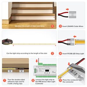 BTF-LIGHTING PIR Sensor Stair Light ES32 Controller Kit 3X16FT Custom FCOB LED Strip Length Fits All Widths of Stairs DC24V 3000K CRI 90+ 8mm Width Dimmable Uniform Light Multiple On and Off Modes