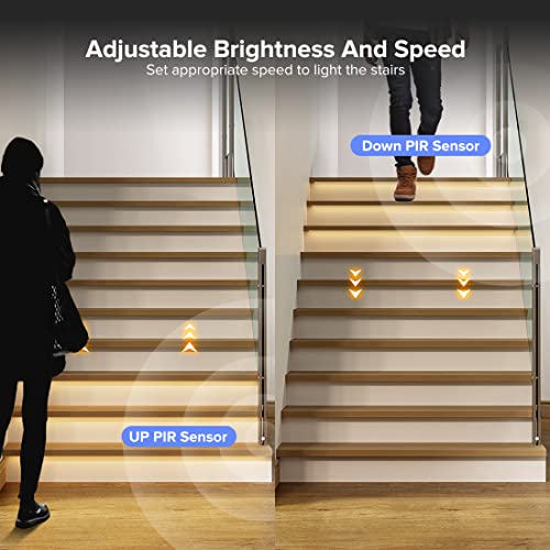 BTF-LIGHTING PIR Sensor Stair Light ES32 Controller Kit 3X16FT Custom FCOB LED Strip Length Fits All Widths of Stairs DC24V 3000K CRI 90+ 8mm Width Dimmable Uniform Light Multiple On and Off Modes