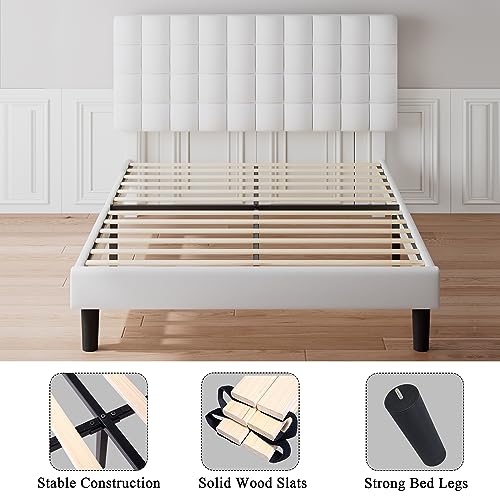 iPormis Full Size Platform Bed Frame, Faux Leather Upholstered Bed Frame with Square Tufted Headboard, Wood Slats Support, No Box Spring Needed, Easy Assembly, White