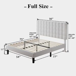 iPormis Full Size Platform Bed Frame, Faux Leather Upholstered Bed Frame with Square Tufted Headboard, Wood Slats Support, No Box Spring Needed, Easy Assembly, White