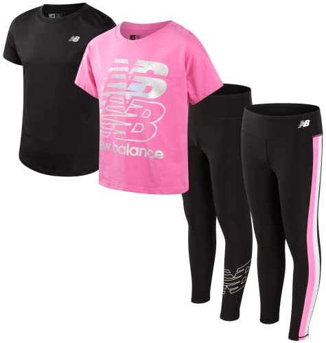 New Balance Girls' Legging Set - 4 Piece Short Sleeve T-Shirt and Leggings Set (7-16), Size 7-8, Black/Pink