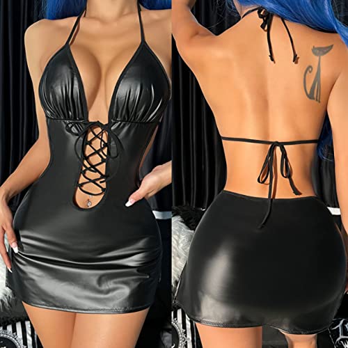 Womens Leather Bodysuit Lace Bowknot One Piece Halter Lingerie Catsuit Deep V High Cut Teddy Sexy Wetlook Leotard Babydoll