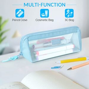 Sooez Large Grid Mesh Pencil Case, Big Capacity Clear Pencil Pouch Pen Bag with Zipper Closure, Cute Stationery Organizer Transparent Makeup Bag for Adult Girls Boys Office School Supplies, Blue