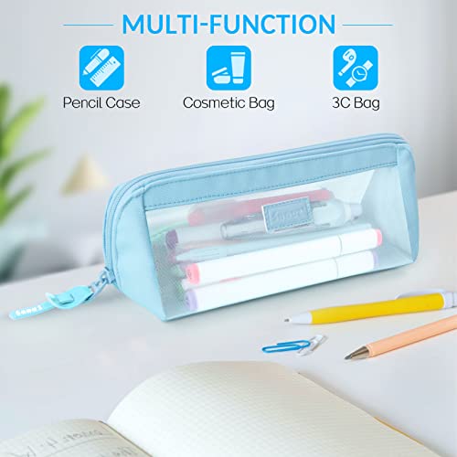 Sooez Large Grid Mesh Pencil Case, Big Capacity Clear Pencil Pouch Pen Bag with Zipper Closure, Cute Stationery Organizer Transparent Makeup Bag for Adult Girls Boys Office School Supplies, Blue