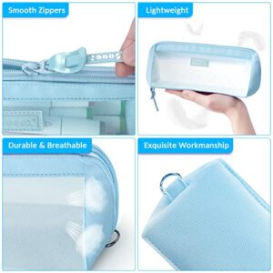 Sooez Large Grid Mesh Pencil Case, Big Capacity Clear Pencil Pouch Pen Bag with Zipper Closure, Cute Stationery Organizer Transparent Makeup Bag for Adult Girls Boys Office School Supplies, Blue