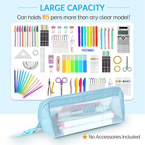 Sooez Large Grid Mesh Pencil Case, Big Capacity Clear Pencil Pouch Pen Bag with Zipper Closure, Cute Stationery Organizer Transparent Makeup Bag for Adult Girls Boys Office School Supplies, Blue