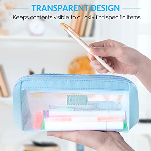 Sooez Large Grid Mesh Pencil Case, Big Capacity Clear Pencil Pouch Pen Bag with Zipper Closure, Cute Stationery Organizer Transparent Makeup Bag for Adult Girls Boys Office School Supplies, Blue