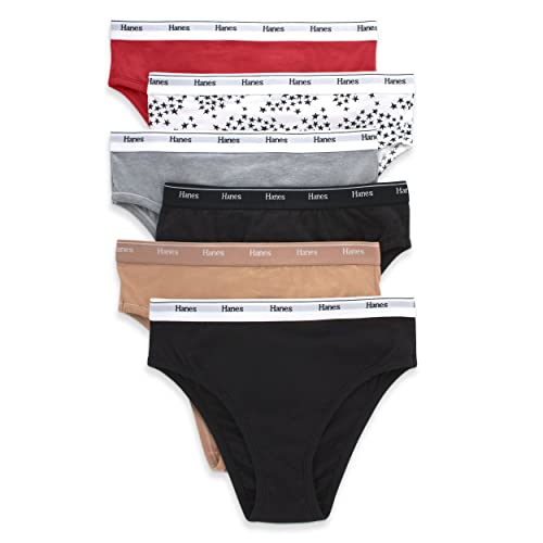 Hanes Women's Originals Panties Pack, Breathable Cotton Stretch Underwear, Basic Color Mix, 6-Pack Hi-Cuts, Medium